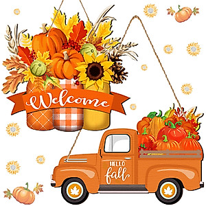 Thyle 2 Pcs Welcome Fall Thanksgiving Front Door Decor Hello Fall Truck Door Signs Pumpkin Maple Leaf Sunflower Door Hanging Fall Wall Decoration