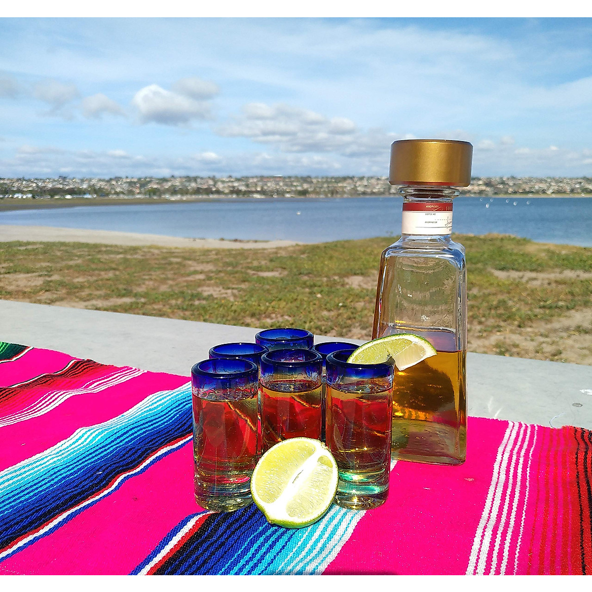 Hand Blown Mexican Tequila Shot Glasses – Set of 6 Cobalt Blue Rim Tequila Shot Glasses (2 oz each)