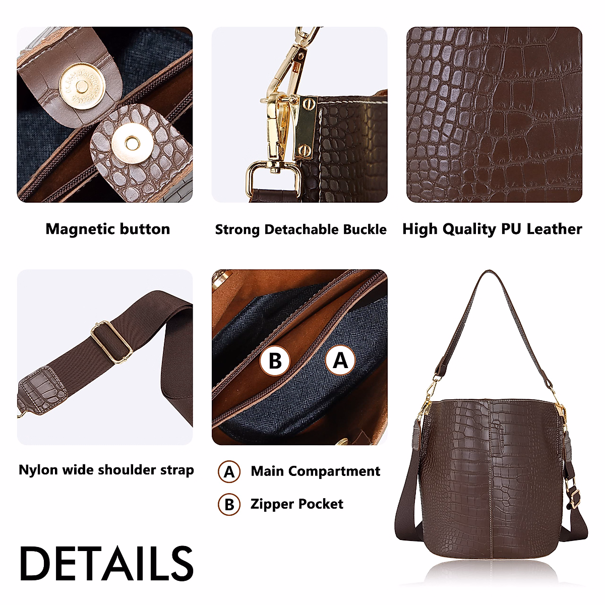 Hirooms Women retro design shoulder bag crocodile leather large capacity bucket handbag (Brown)