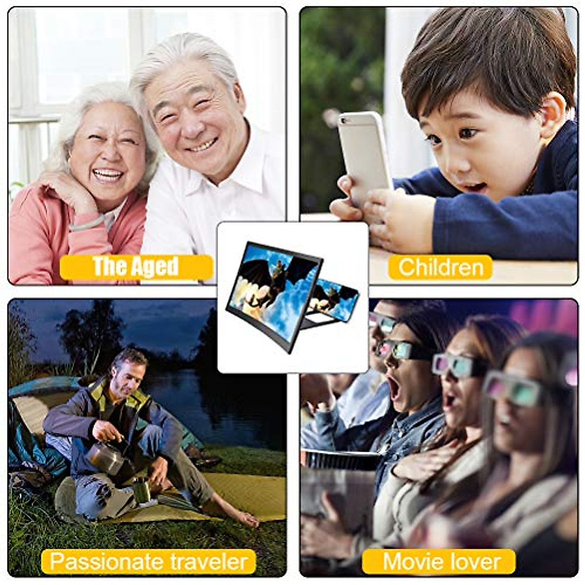 Emoly 12'' 3D Curve Screen Magnifier for Cell Phone, HD Amplifier Projector for Movies, Videos, and Gaming Foldable Phone Stand with Screen Amplifier for iPhone,All Smartphones (Black, 12 inch)