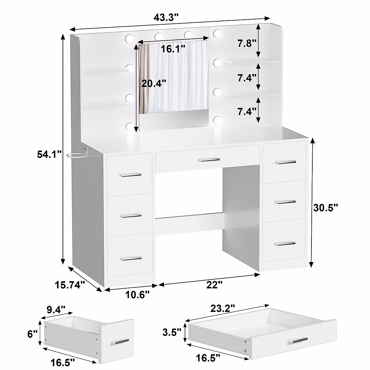 Acurax Vanity Desk with Mirror and 10 Lights, Makeup Table with 7 Drawers and Open Shelves, 3 Color Modes and Adjustable Brightness, Power Outlet for Bedroom, White