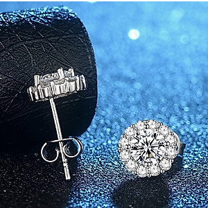 Moissanite Earrings for Women,1-4ct Halo Round 925 Sterling Silver Moissanite Hypoallergenic Stud Earrings,Gift for Mother Mom Wife Girlfriend, with Certificate (White Gold, 1ct)