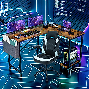 Sweetcrispy L Shaped Computer Desk - Gaming Table Corner Desk 50 Inch PC Writing Desk Study Desks with Wooden Desktop CPU Stand Side Bag Reversible for Home Office Dorm Small Space, Rustic