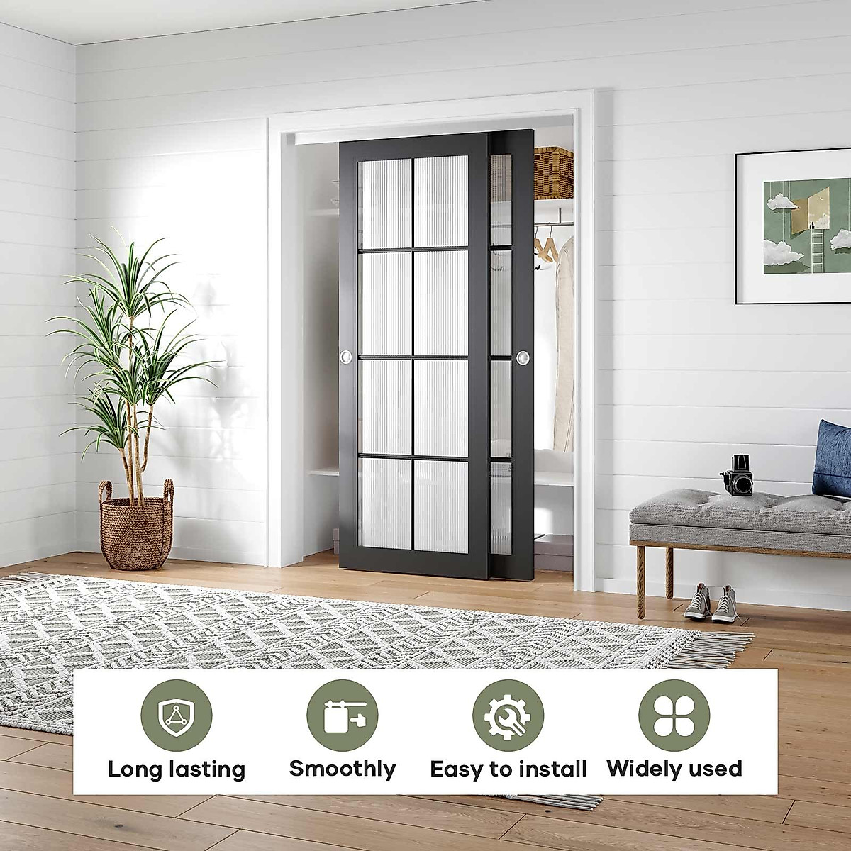 EaseLife 5FT/60in Bypass Double Sliding Pocket Door Hardware Kit,Commercial Grade,Aluminum,Bypassing Wardrobe Closet Door Track for 2 Door System,Slide Smoothly Quietly,Easy Install,No Doors