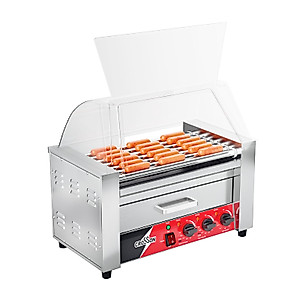CROSSON Hot Dog 7 Roller with Bun Warmer&Transparent Sneeze Guard,Commercial 7 Nonstick 304 Roller Grill Cooker Machine