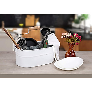 Life By Cotton Farmhouse Galvanized Flatware Caddy Organizer for Home & Kitchen Counter-top/Outdoor Storage Dining Table Comfortable with Wooden Handle Storage - White ( Size - 13.5L x10W x 5.5H )