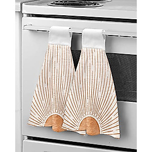 Mid Century Boho Orange Sun Aesthetic Striped Hanging Tie Towel for Kitchen Bathroom, 2 Pack Durable Absorbent Hand Towels Hangable Washing Cloths Home Cleaning Decor Retro Beige