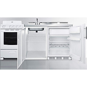 Summit Appliance ACK72COILW 72" Wide All-in-One Kitchenette with 220V 4-Element Electric Coil Range, Refrigerator-Freezer, Sink, Cutting Board and Cutlery Storage, and a Storage Cabinet