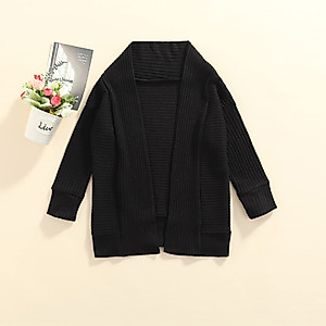 Lamuusaa Toddler Kid Baby Girls Knitted Cardigan Sweater Long Sleeve Knitted Open Front Coats Jacket Solid Outwear Knitwear (Long-Black, 2-3T)