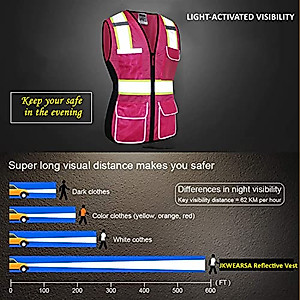 JKWEAR Women Safety Vest, Multi Pockets High Visibility Reflective Breathable Mesh Work Vest For Lady, Durable Zipper (Small, Pink Purple)