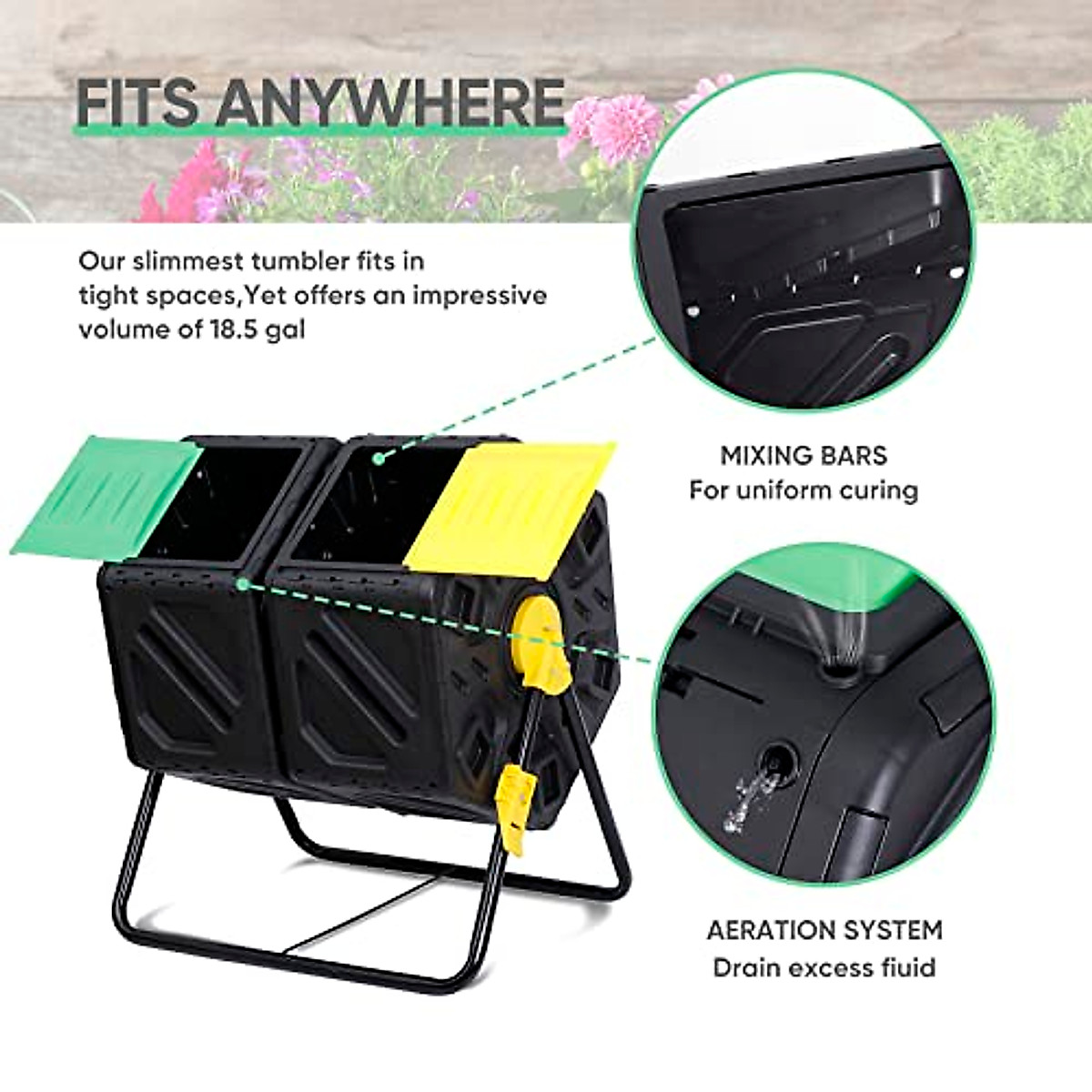 F2C Dual Chamber 37 Gallon Compost Tumbler All-Season Outdoor BPA Free Large Composter Bin w/ 2 Sliding Doors and Solid Steel Frame (37 Gallon)