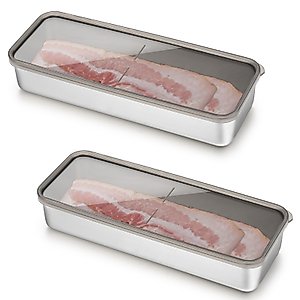Zhehao 2 Pcs Bacon Container for Refrigerator, 304 Stainless Steel Deli Meat Storage Containers for Fridge, Airtight Bacon Storage Container with Lids, Bacon Saver Kitchen Meat Saver, Dishwasher Safe