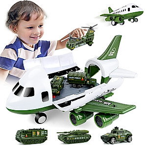 UNIH Airplane Toys Set, Transport Cargo Airplane and 6PCS Mini Army Vehicles, Military Vehicle Play Set Birthday for Kids Toddlers Boys 3 4 5 6 Years Old