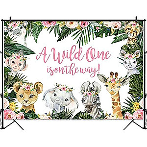 Mocsicka Safari Baby Shower Backdrop Jungle Background for Girl Tropical Zoo Animals Baby Shower Party Cake Table Decoration Photo Booth Props (7x5ft)