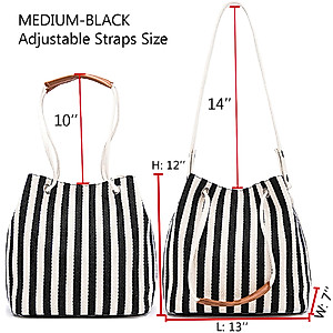 Bydenwely Women's Tote Bag Medium Canvas Shoulder Bag Daily Working Handbag with Concise Striped Pattern (Black)