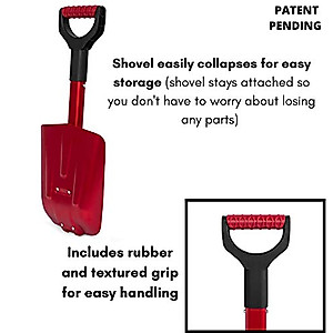 BIRDROCK HOME 34" Folding Emergency Snow Shovel for Car | Small & Compact | Tool for Snow Camping, Skiing, Snowmobiles, Avalanche Survival | Lightweight Aluminum & ABS Plastic | Red