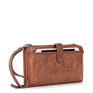 The Sak Iris Large Smartphone Crossbody Bag in Leather, Detachable Wristlet Strap, Tobacco Floral Embossed II
