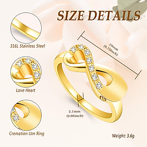 Cremation Jewelry Urn Ring for Ashes Infinity Crystal Memorial Ring for Human Dog Cat Ashes Stainless Steel Keepsake Ring for Women(Gold 10)