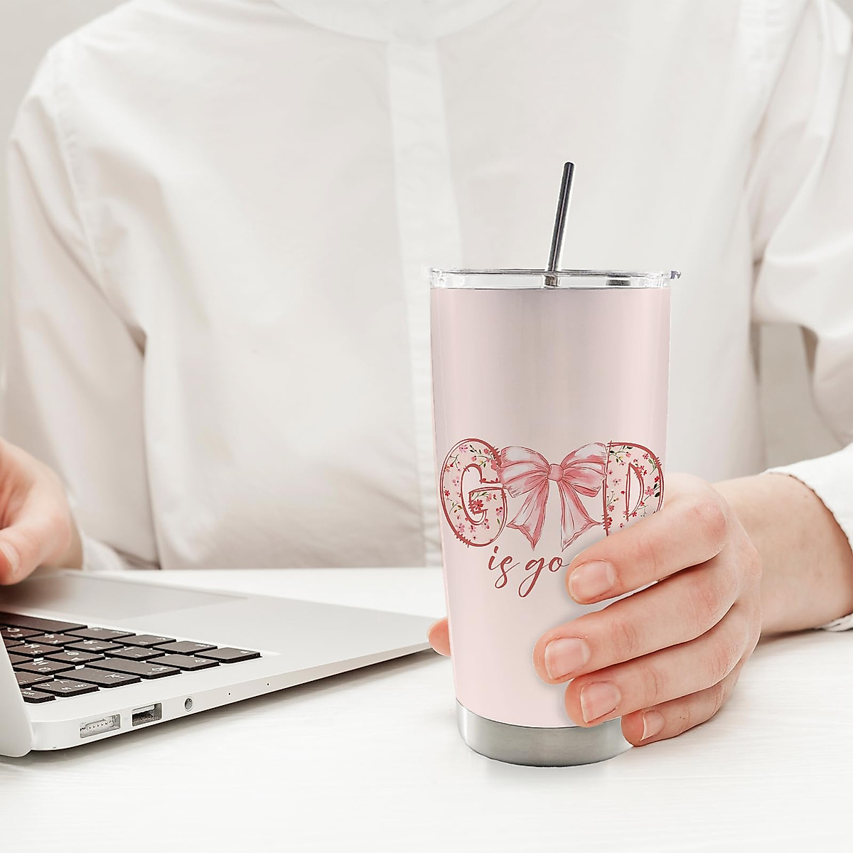 MOTERMATE Christian God is Good Pink Bow Cross 20oz Travel Coffee Mug Tumbler, Christian Easter Tumbler Gifts for Women Kids, Preppy Stuff, Pink Preppy Water Stainless Steel Tumbler with Lid and Straw
