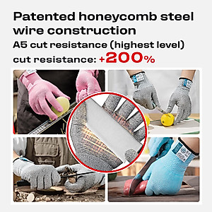 JDL Large Pink Cut Resistant Gloves with Touch Screen, Food Grade, ANSI A5, 3D Stretch Fit, Firm Grip, Suitable for Oyster Shucking, Meat Slicing, Kitchen Protection