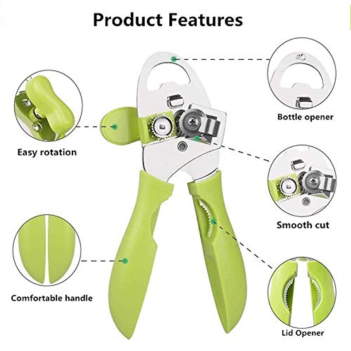 Can Opener, Can Openers Hand Held, 4 in 1 Smooth Edge Hand Held Bottle Opener, Professional Heavy Duty Beer Can Opener Ultra Sharp Food Safe Jar Opener Multifunctional Tin Opener with Easy Turn Knob