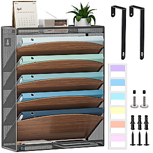 LUCYCAZ 7-Tier Wall File Organizer-Wood Wall File Holder with Top Tray, 5 Pockets Mesh Wall Organizer with Bottom Tray, Hanging File Organizer for Office and Home, Black