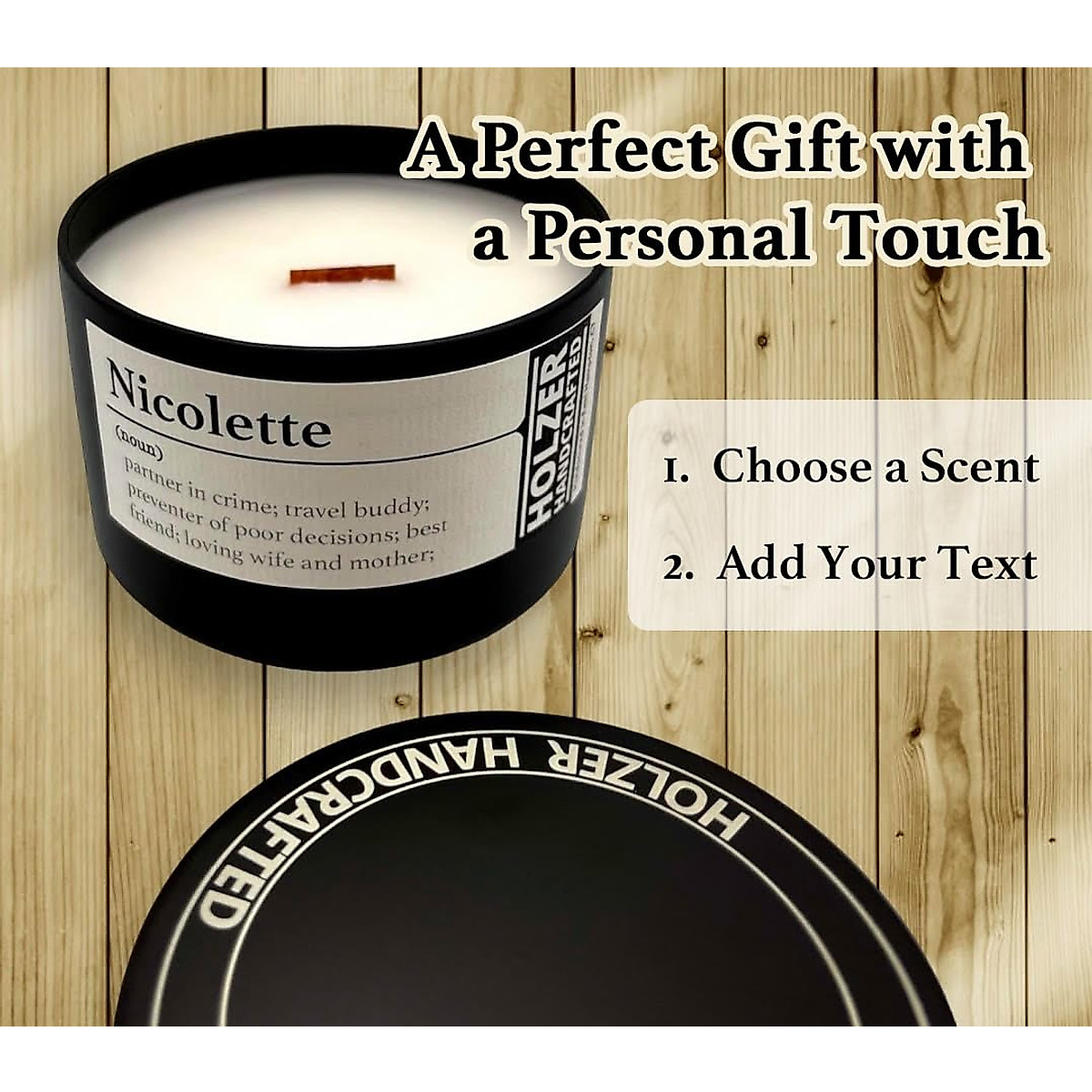 Holzer Custom Candles, Personalized Gifts, Wood Wick Scented/Unscented Custom Candle | Coconut Soy Wax | Handmade in CT USA by Holzer Handcrafted | 6oz in Black Tin Customized Label