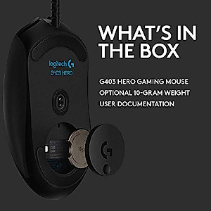 Logitech G403 Hero 25K Gaming Mouse, Lightsync RGB, Lightweight 87G+10G, Braided Cable, 25,600 DPI, Rubber Side Grips (Renewed)