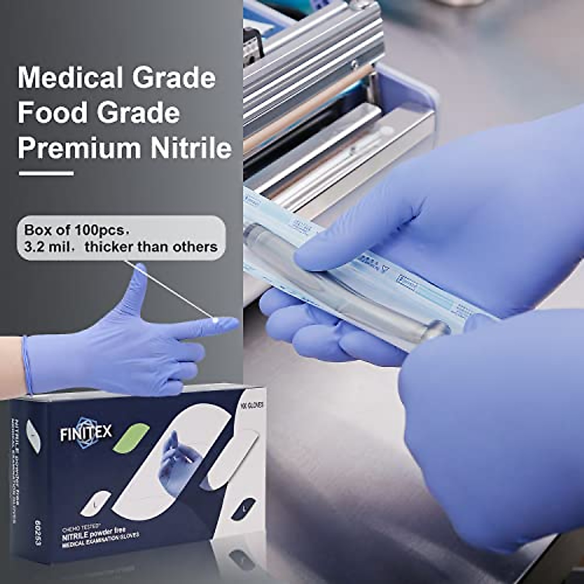 FINITEX Nitrile Disposable Gloves Medical Exam Gloves - 100 PCS Blue Latex-free Examination Chemo Food Gloves (Large)