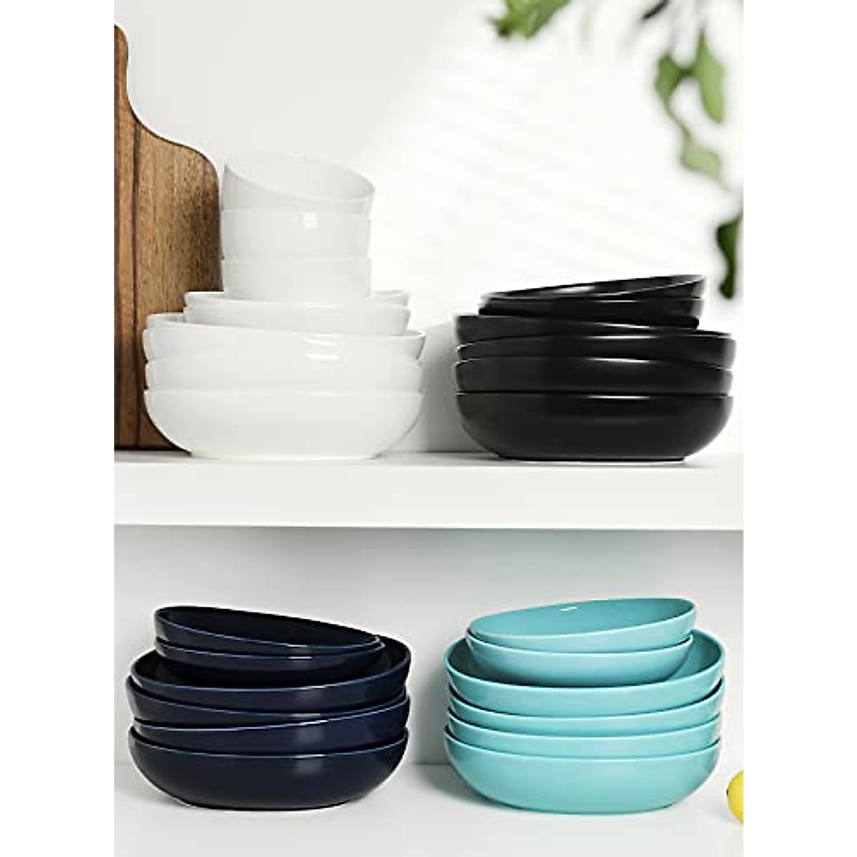 Teocera Wide and Shallow Porcelain Salad and Pasta Bowls Set of 6-24 Ounce Microwave and Dishwasher Safe Serving Dishes, Matte Black