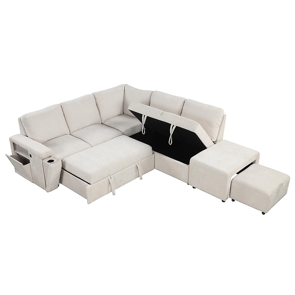 L-Shaped Corner Sectional Sofa Couch, Modern Padded Modular Sofa with Storage Space, USB Ports and Cup Holders on The Armrests, Suitable for Living Rooms, Offices, Apartments (Beige-87WD)