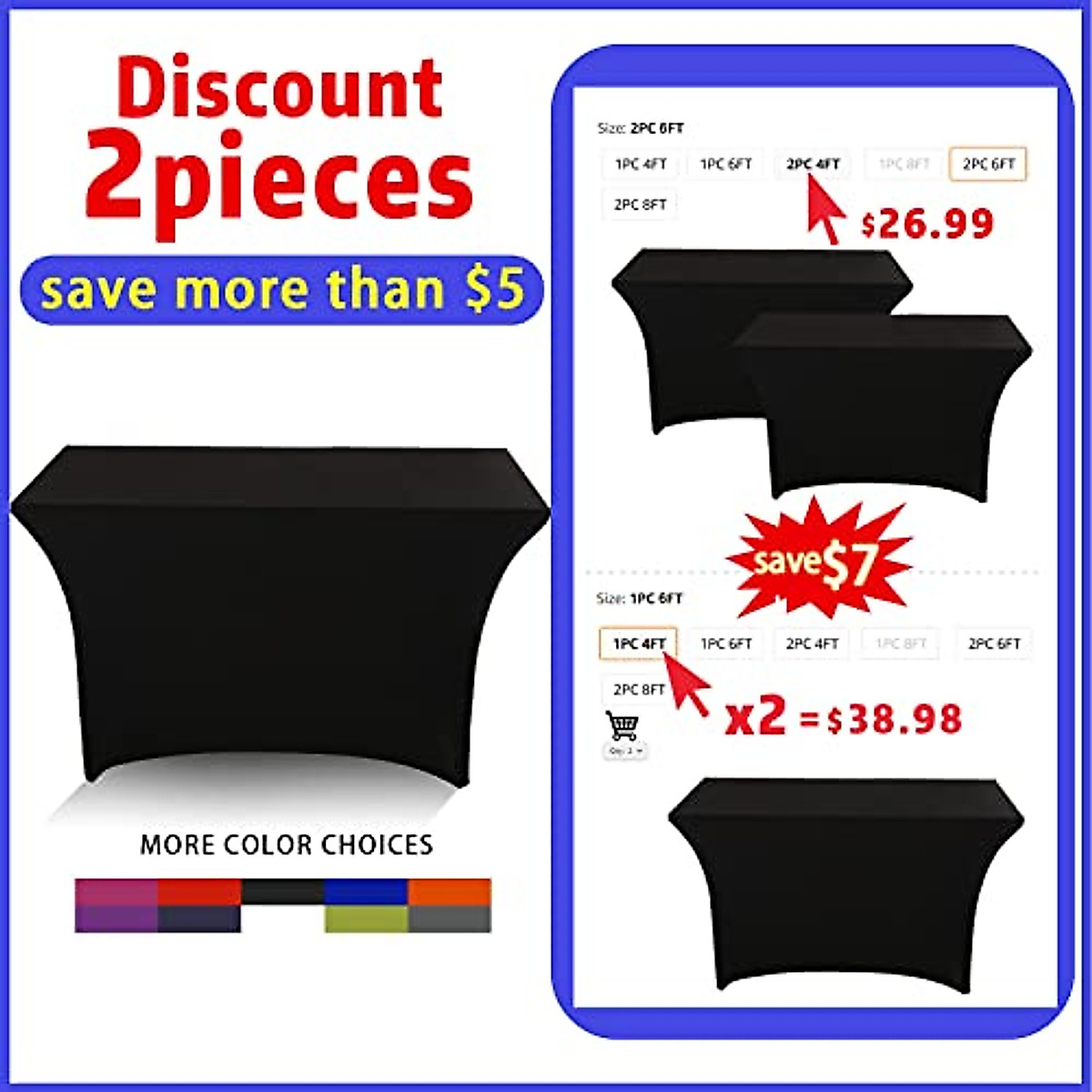 SEPARO -2 Pack, 6 ft Spandex Table Cover Fitted Rectangular Tablecloth Stretchable Fabric Lycra Tablecloth Wrinkle-Free for Party Dj Tradeshows Banquet Weddings Cocktail