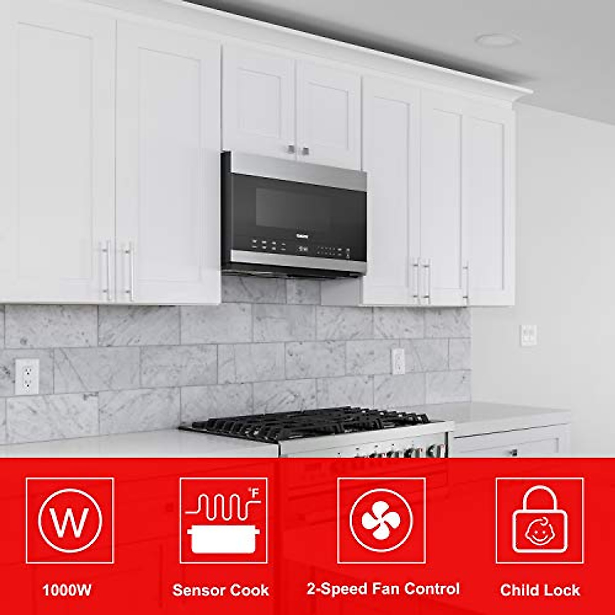 Galanz GLOMJD13S2SW-10 24 inch Over The Range Microwave, Sensor Cooking, Convertible Venting with 2 Speed, LED Lighting, Child Lock, 1000W/120Volts, Stainless Steel, 1.3 Cu Ft