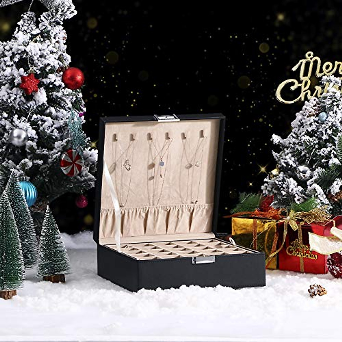 BEWISHOME Earring Organizer Holder for Cufflinks, Rings, Pendants, Chain - 50 Slots Case, 6 Necklace Hook, 2 Stackable Trays - Elegant Jewelry Storage Box for Girls Women, Black Faux Leather SSH11B