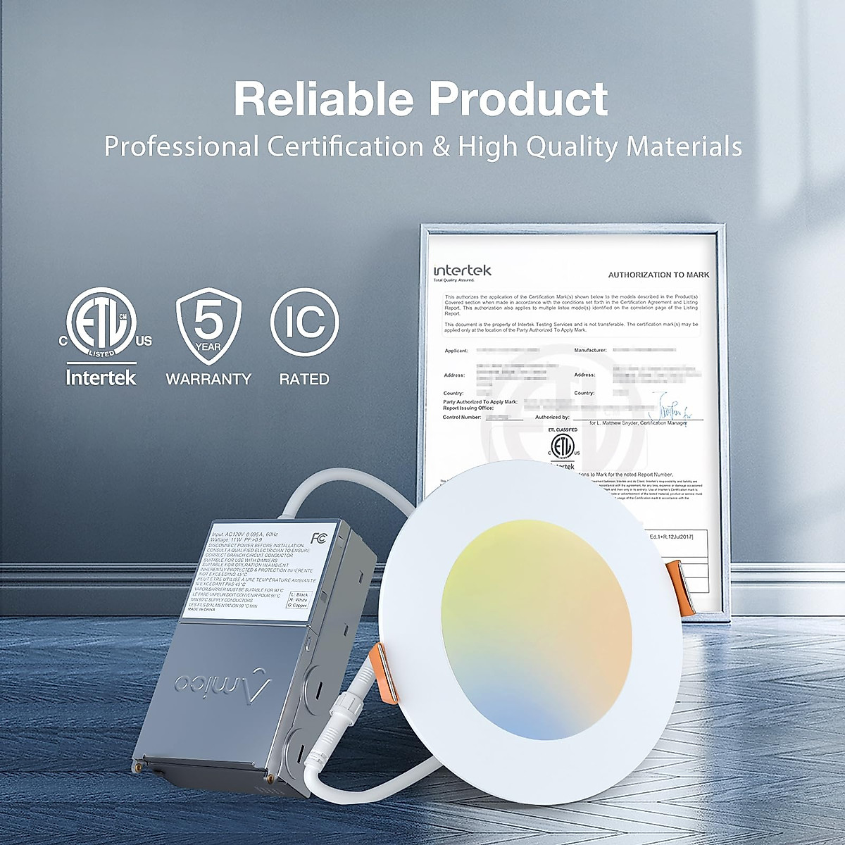 Amico 6 Pack 4 Inch 5CCT Ultra-Thin LED Recessed Ceiling Light with Junction Box, 2700K/3000K/3500K/4000K/5000K Selectable, 11W Eqv 70W 800LM Brightness Dimmable Canless Wafer Downlight, ETL & FCC