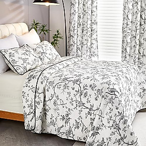 EVENHUG Quilted Pillow Shams Set of 2 Black Bird Pillow Covers Floral Pillowcases Matching Bedding Decoration (20" X 36")