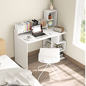 Tangkula White Desk with Storage Bookshelf & Hutch, 48” Modern Home Office Desk with 8 Storage Shelves, Space Saving Writing Study Desk for Bedroom, Compact Computer Workstation for Home