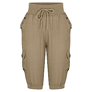 Online Shopping for Women Capri Pants for Women Summer Casual Drawstring Lounge Linen Pants with Pockets Plus Size High Waist Straight Trousers Tracking On My Order Khaki M