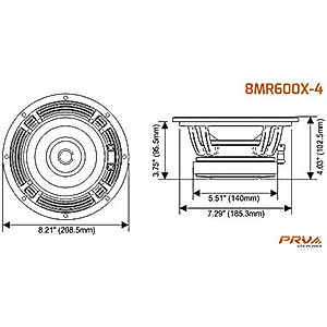 PRV AUDIO 8 Inch Midrange Speaker 8MR600X-4, 600 Watts 4 Ohm, 2 in Voice Coil, X-treme Mid Range Loudspeaker for Pro Car Audio Systems (Single)
