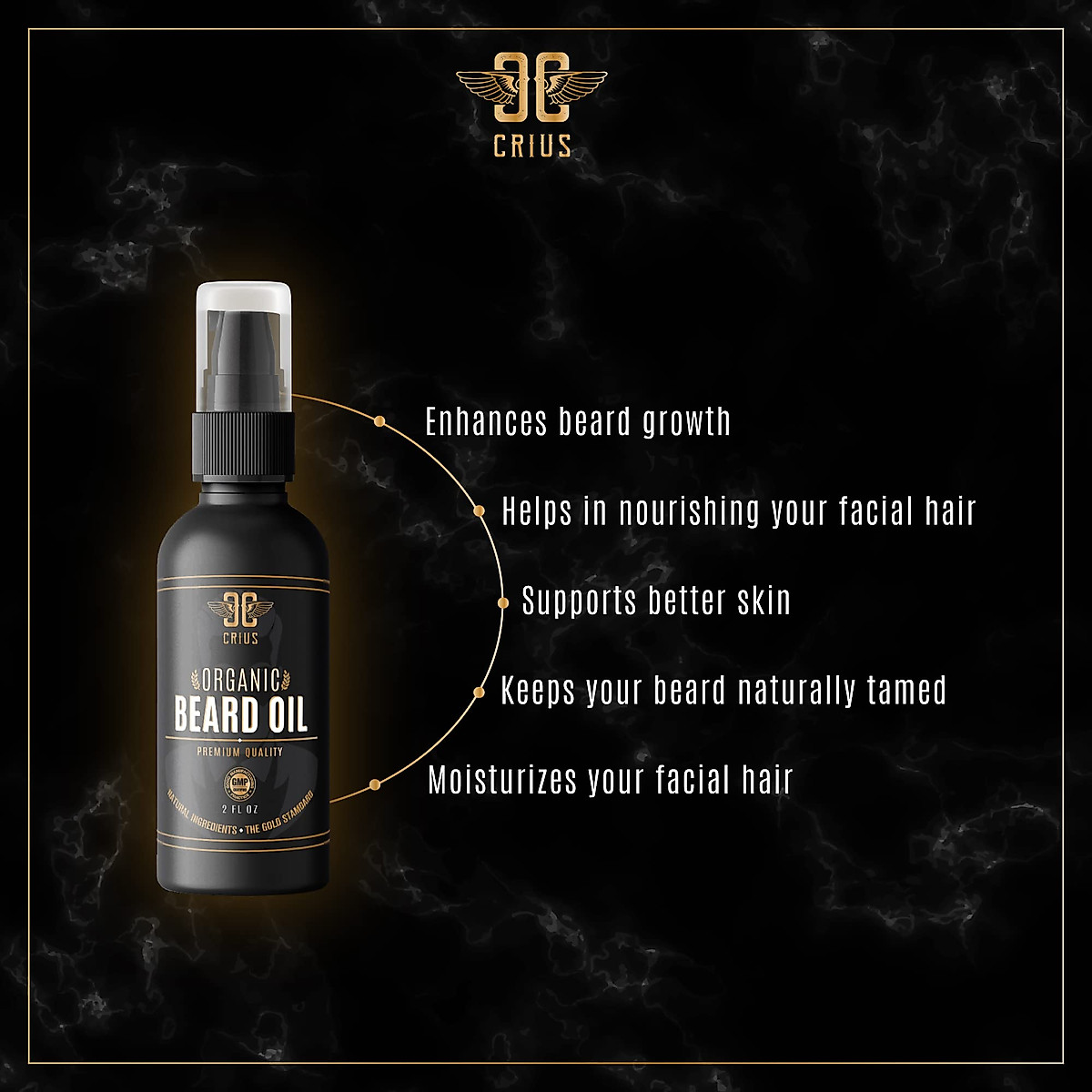 CRIUS COSMETICS Beard Oil For Men with Vitamin E, Almond, Argan, and Jojoba Oil, Enhanced Beard Growth, Soft Facial Hair, Beard and Mustache Moisturiser, Organic, GMP-Certified, Non-GMO, 2 Oz.