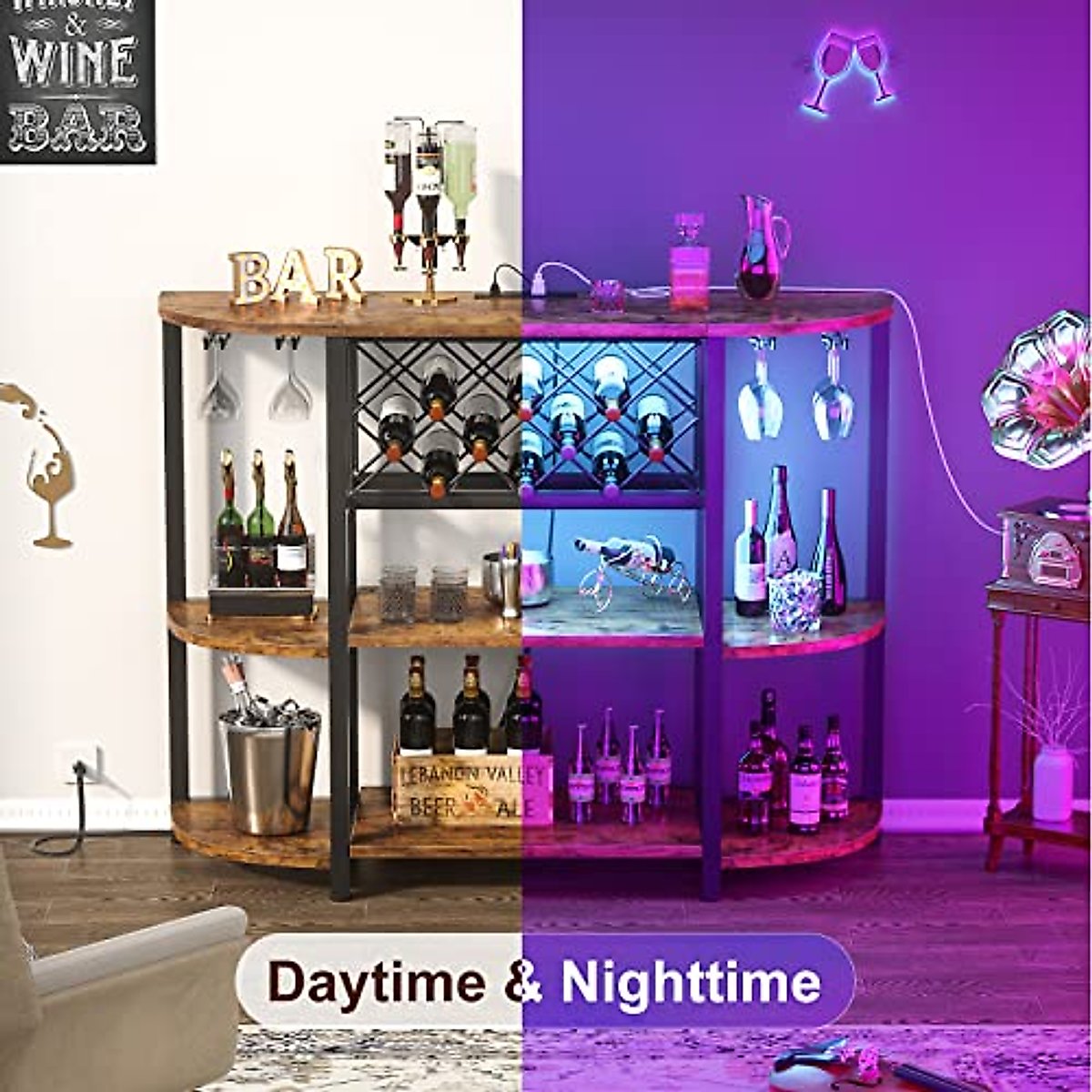 Unikito Wine Rack Table with Socket and LED Light, Floor Bar Cabinet for Liquor and Glasses, Wood Coffee Bar Cabinet with Adjustable Wine Rack, FreeStanding Sideboard and Buffet Cabinet, Rustic