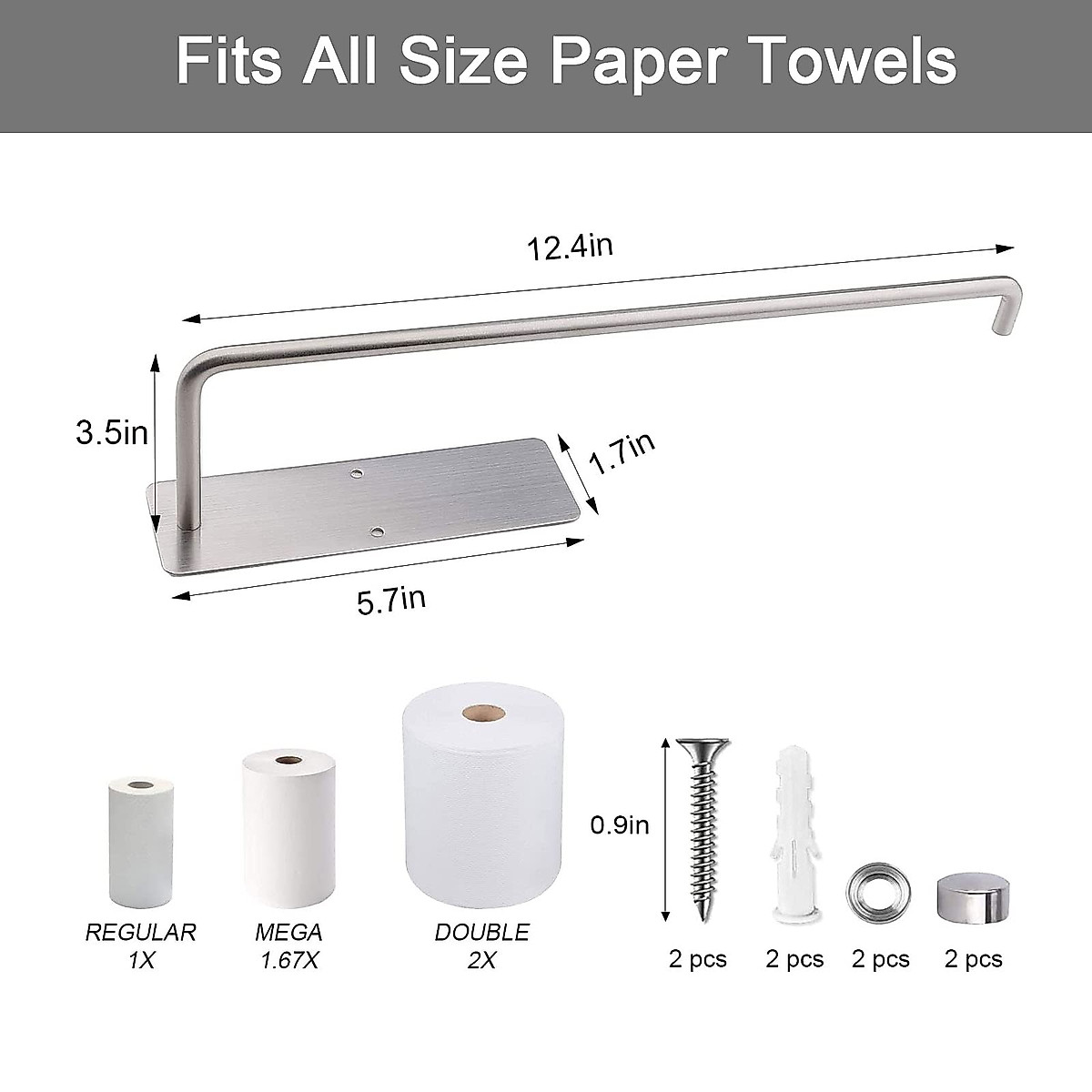 Under Cabinet Paper Towel Holder - 13'' Self Adhesive Paper Towel Holder Wall Mount Stainless Steel Toilet Paper Holder with Screw Hanging Towel Rack for Kitchen Bathroom Fit Large Paper Roll