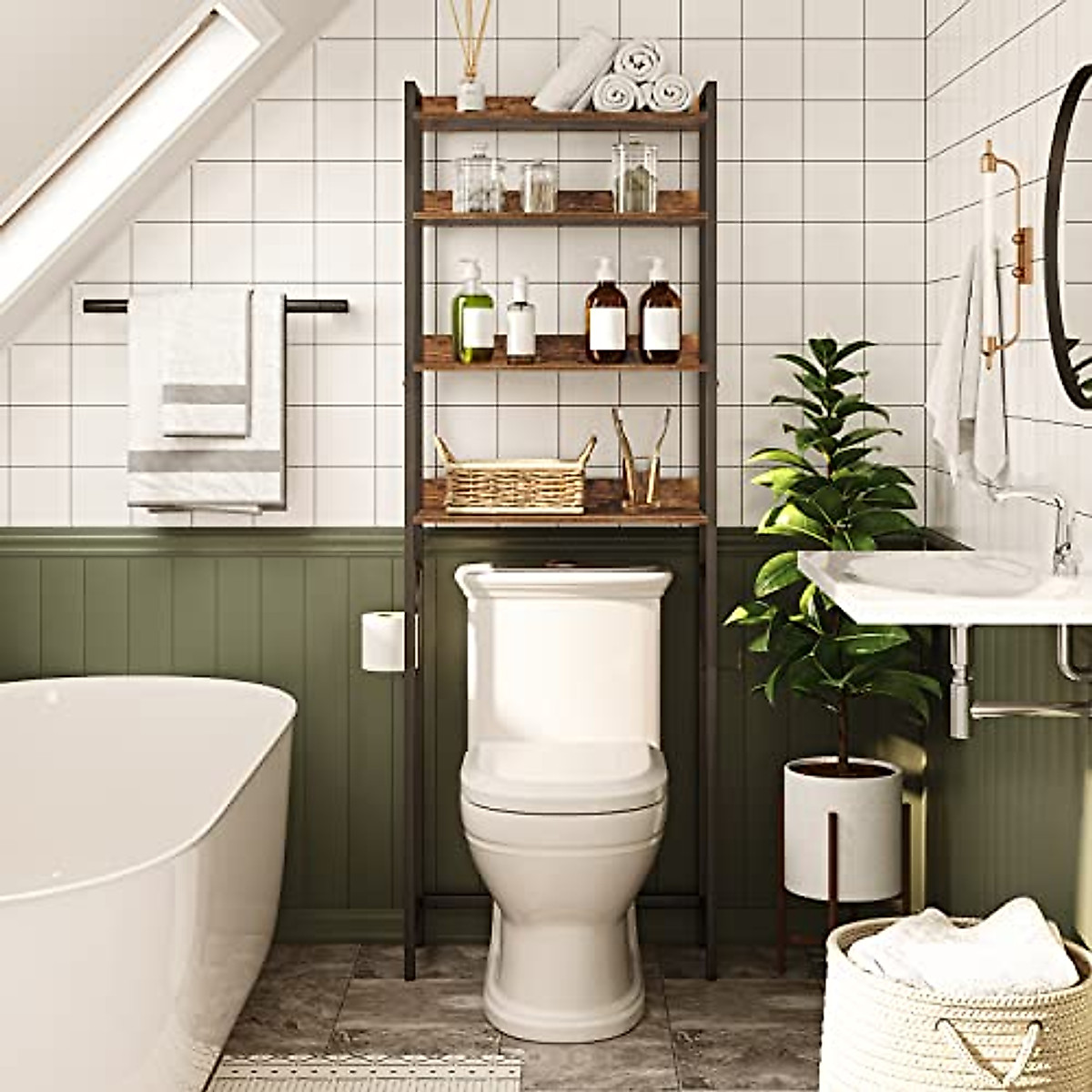 ALLOSWELL Bathroom Over Toilet Storage Cabinet, 4-Tier Over The Toilet Storage Rack, Multifunctional Toilet Organizer Rack with 2 Hooks, Spacer Saver, Stable, Rustic Brown TSHR0401