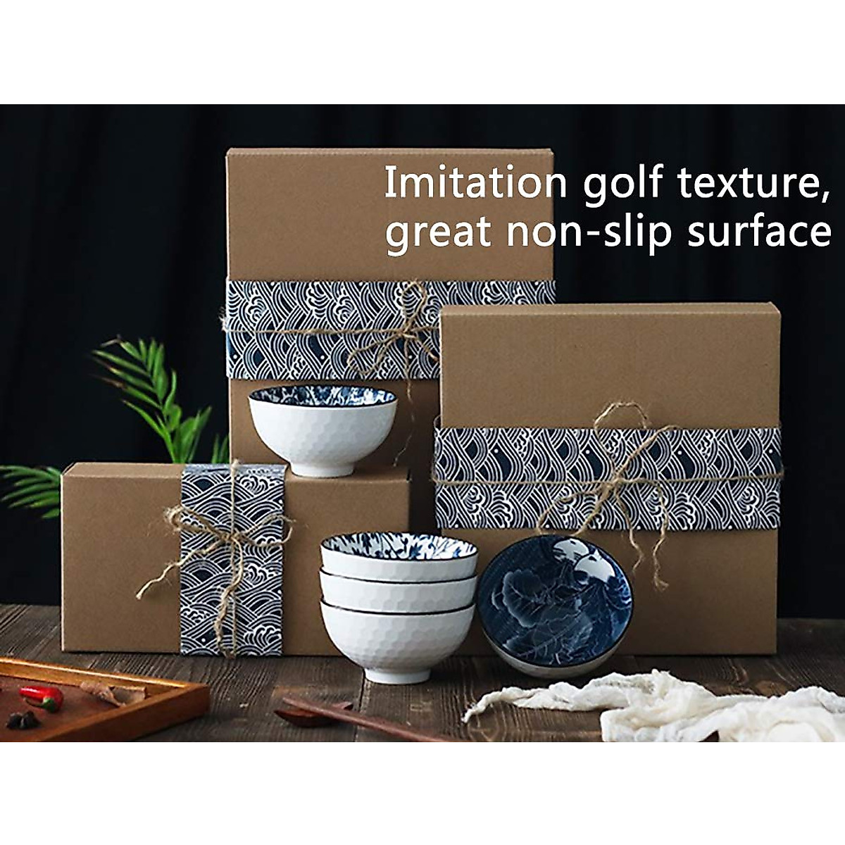 Set of 4 Porcelain Japanese Bowls W Gift Box for Ramen Noodle Udon Noodle Rice Vietnamese Soup Cereal Pho Popcorn Oatmeal (Traditional Blue and White)