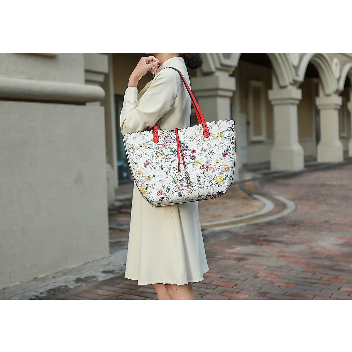 MKF Collection Tote & Pouch Bag for Women-Vegan Leather Designer Handbag -Shoulder Strap Messenger Purse 2Pcs set White red