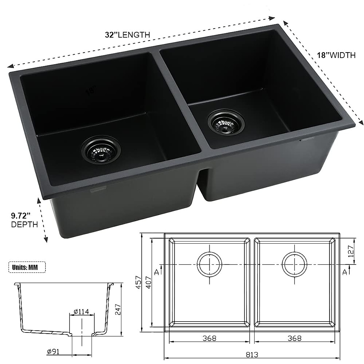 32 Inch Black Kitchen Sink Undermount-iAnomla 32x18 Inch Double Bowl Kitchen Sink 50/50 Black Quartz Composite Undermount Kitchen Sink