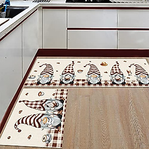 Kitchen Rugs Set 2 Pieces, Coffee Gnome Coffee Beans with Brown Plaid Rustic Cotton Linen Cushioned Kitchen Rug Floor Mat for Kitchen Bath,Non Slip Runner Rugs Standing Mat 15.7"x23.6"+15.7"x47.2"