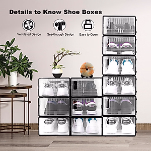 JOCHER 12 Pack Modern Black Plastic Shoe Boxes, Sturdy Flip Top Lids, Space Saving Foldable Shoe Organizer Boxes with Lids, Holds 12 Pairs of Shoes, Ideal for Bathroom Closet, Bedroom, Entryway