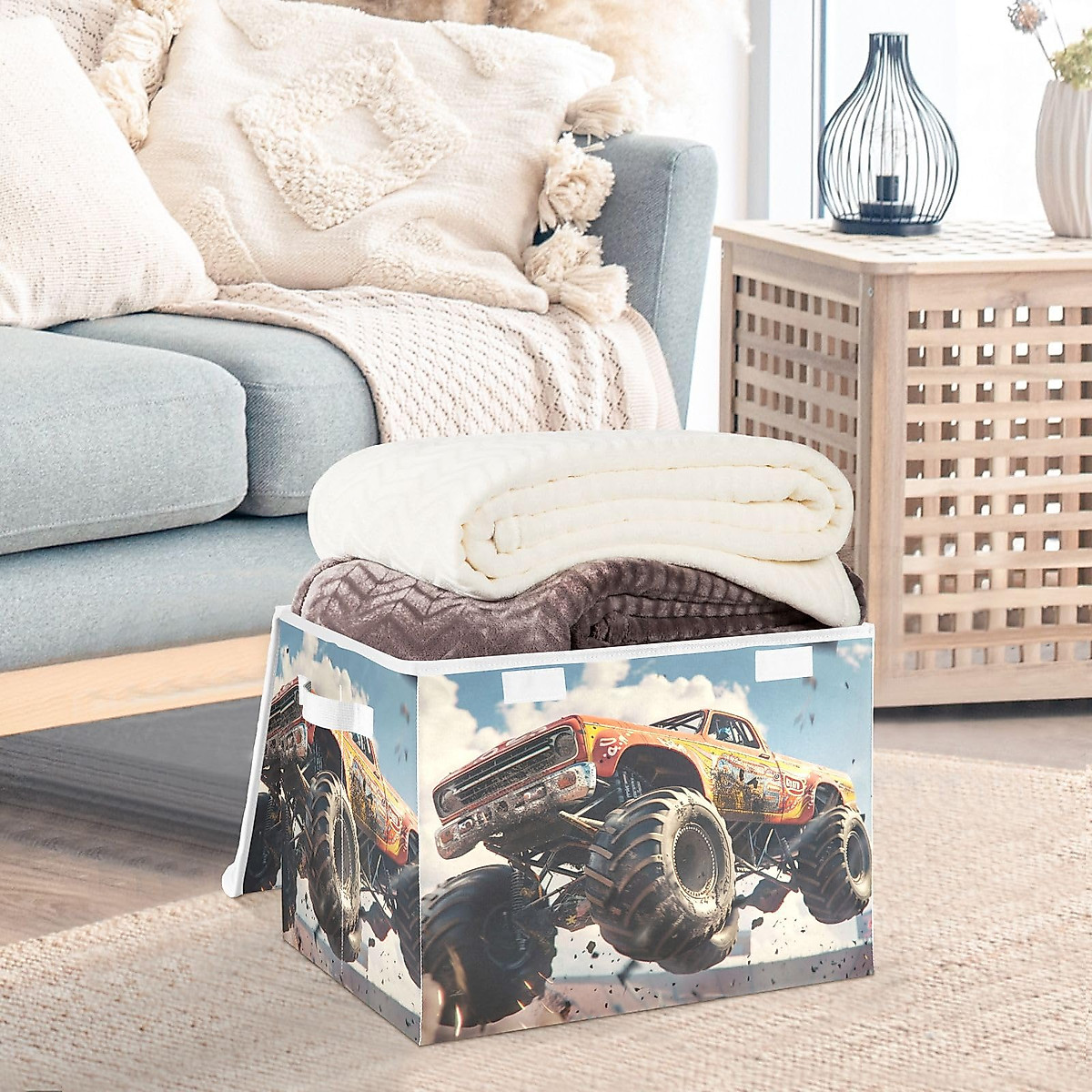 YMGQYJ Storage Cube with Lid Collapsible Monster Truck Jumping Print, Large Capacity Foldable Storage Basket Bin Organizer 16.5×12.6×11.8 IN