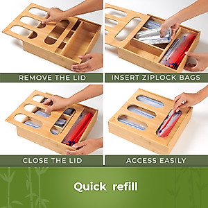 Food Storage Bag Organizer, Plastic Bag Organizer - Bamboo Monoblock Design Baggie Organizer for Drawer with Labels Included, Sandwich Bag Organizer, Quick Refill Slider, by Woodenhouse